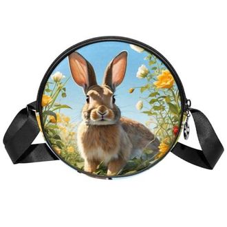 Generic Petit sac &agrave; bandouli&egrave;re circulaire pour femme, motif floral, lapin, sac &agrave; dos &agrave; bandouli&egrave;re avec fermeture &eacute;clair, bretelles r&eacute;glables, sac &agrave; main ron