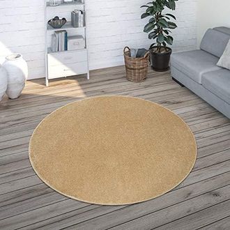 Paco Home Tapis Salon Uni Sobre Et Moderne Poils Ras, Diff. Tailles/Coloris, Dimension:120 cm Rond, Couleur:Or
