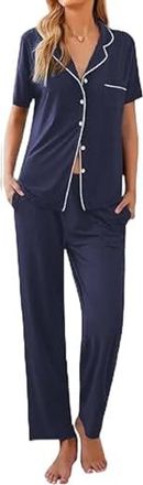 Ekouaer Pyjama Femme Ensembles Grande Taille Ete Manches Courtesnches Courtes et Pantalons Longs Style Classique Vêtements de Nuit Femme, Bleu Marine, L