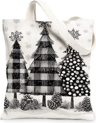 Generic Sacs fourre-tout en toile motif sapins de No&euml;l, sacs d&eacute;picerie r&eacute;utilisables, l&eacute;gers et lavables avec bandouli&egrave;re pour les vacances, Blanc, 13x15 Inch