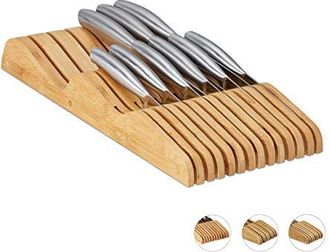 Relaxdays Messerblock Schublade, liegend, Bambus, für 13 Messer, HBT: 5x17x40 cm, Schubladeneinsatz, Natur, 10020296_61