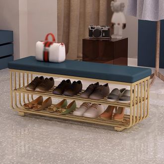 Generic Schuhbank Aus Metall Mit Gepolsterter Sitzfläche - Moderne 2-stufige Eingangsbank Mit Schuhaufbewahrung for Die Haustür Im Flur(Gold Navy,100cm/39.4)