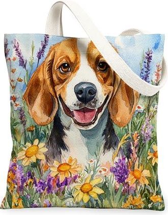 Generic Sac fourre-tout en toile motif chien beagle printanier 33 x 38,1 cm, peinture &agrave; lhuile motif chiot fleur sauvage, sac d&eacute;picerie r&eacute;utilisable pour femm