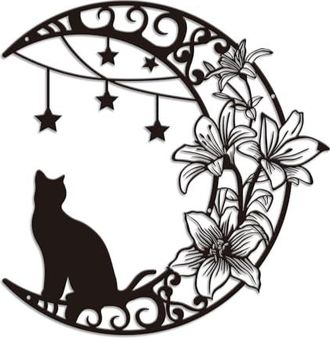 Generic D&eacute;coration Murale en M&eacute;tal Noir, D&eacute;coration Murale Suspendue Pour Salle de Bain, Chambre &agrave; Coucher, Bureau ou Jardin, Art Mural Chat Lune Fleur de 38C