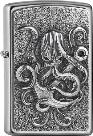 Zippo Sturmfeuerzeug - Octopus, Satin Chrome, Emblem - Nachf&uuml;llbar - Wiederverwendbar - Windfestes Design - Geschenkbox - Made in USA