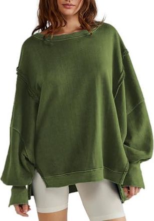 Generic Chandail surdimensionn&eacute; &agrave; couture invers&eacute;e pour femme, chandail d&eacute;contract&eacute; &agrave; manches longues, l&eacute;ger et ample et col ras du cou, vert militaire, XL
