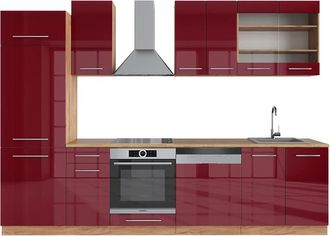 Vicco Küchenzeile Fame-Line, Bordeaux Hochglanz/Eiche Gold, 300 cm ohne Arbeitsplatte