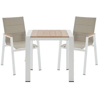 Vente-Unique Salle &agrave; manger de jardin en aluminium : une table L.80 cm et 2 fauteuils empilables - Naturel clair et blanc - LIOUS de MYLIA