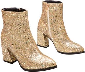 Frcolor Bottines Courtes &agrave; Talon Haut Paillettes Dor&eacute;es pour Femme Bout Effil&eacute; Fermeture &Eacute;clair Lat&eacute;rale Style &Eacute;l&eacute;gant et Confortable