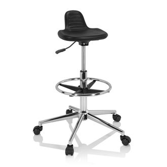 hjh OFFICE 830099 Arbeitshocker hoch TOP Work 03 I PU-Hartschaum Schwarz Drehhocker mit Rollen & Gleiter, höhenverstellbar