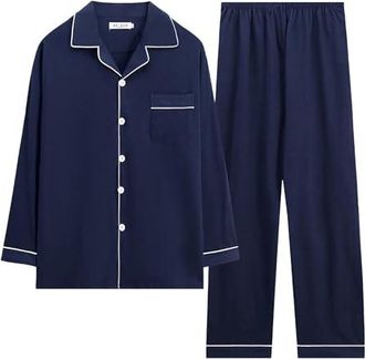 Generic Pyjama long en coton &agrave; carreaux pour hommes : v&ecirc;tements de nuit pantalon long avec boutonni&egrave;re nuisettes chemises de nuit combinaison douillette coule