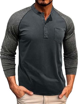 Generic Henley Chemise boutonn&eacute;e &agrave; manches longues et col en V pour homme - L&eacute;ger et respirant - Manches longues raglan - Printemps et automne - Confortables,