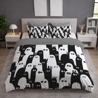 Generic Bettw&auml;sche 155 x 220 cm 2er Set Bettbezug Set Mit Kissenbezug 80 x 80 cm Schwarz Cartoon Niedlich Geist Weicher und Strapazierf&auml;higer Mikrofaseranzug 