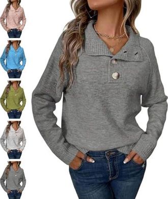 Generic Pull à col montant boutonné en tricot torsadé pour femme, col en V, couleur unie, pull tricoté à manches longues, pull tendance, gris foncé, L