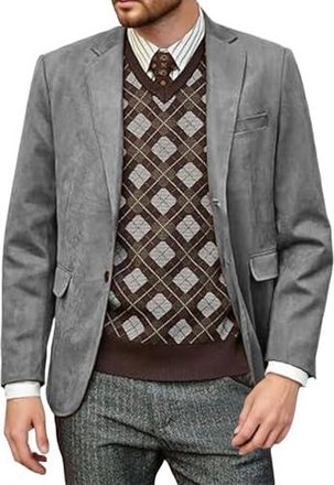 Generic Blazer en daim synth&eacute;tique &agrave; simple boutonnage pour homme avec revers crant&eacute; Veste de costume 2 boutons Manteau de sport avec poches, gris, XXL