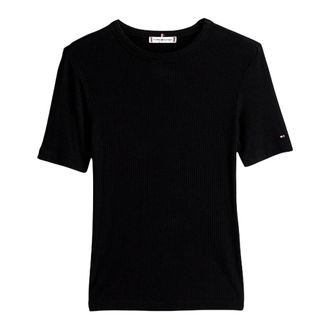 Tommy Hilfiger Femme, Tops, Noir, Taille: 44 FR T-shirt col rond c&ocirc;tel&eacute; avec ruban embl&eacute;matique