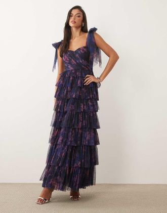 Lace & Beads Robe longue de demoiselle dhonneur en tulle avec noeud sur l&eacute;paule et imprim&eacute; fleuri - Bleu fonc&eacute;-Multi