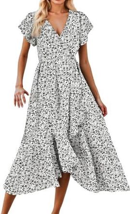 Generic Robe boh&egrave;me 2026 pour femme, robe d&eacute;t&eacute; d&eacute;contract&eacute;e &agrave; motif floral, robe d&eacute;t&eacute; &agrave; col en V fluide, blanc, XXL