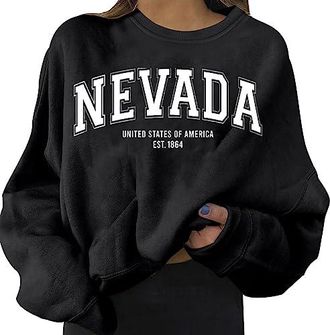 Generic Nevada - Sweat-shirt uni pour femme, coupe ample, coupe d&eacute;contract&eacute;e, col rond, col rond, imprim&eacute; lettres, v&ecirc;tements &agrave; manches longues, tendance, conf
