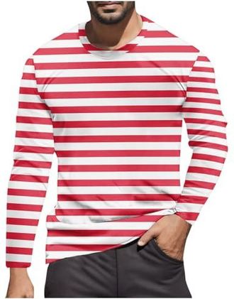 Generic T-shirt à manches longues pour homme - Couleur unie - Rayé - Bleu marine - Thème plage - Style décontracté - Confortable - Coupe ample - Style Mariniè