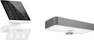Steinel LED Solarleuchte XSolar L-S ONE weiß, Wandlampe & Solarleuchte XSolar SOL-O S Anthrazit, mit 360°|6 m Bewegungsmelder, Dämmerungssensor, Softlichtstar