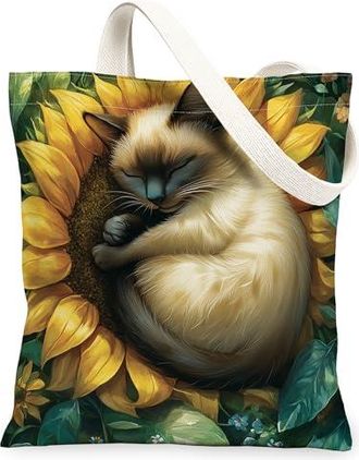 Generic Sac fourre-tout en toile motif chat siamois printanier pour faire du shopping, 33 x 38,1 cm, motif de tournesol, feuille de tournesol, chaton, sac d&eacute;p