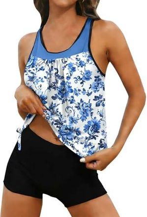 Generic Maillot de bain tankini deux pi&egrave;ces pour femme avec short boyleg - Contr&ocirc;le du ventre - Taille haute - D&eacute;bardeur de bain vintage &agrave; imprim&eacute; floral - Po