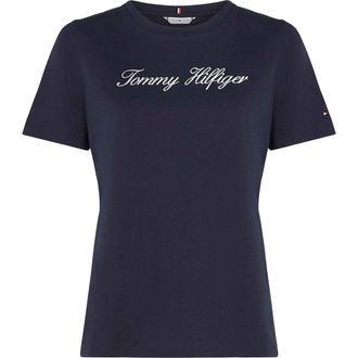 Tommy Hilfiger Damen T-Shirt Kurzarm Script Regular Rundhalsausschnitt, Blau (Nos Desert Sky), S