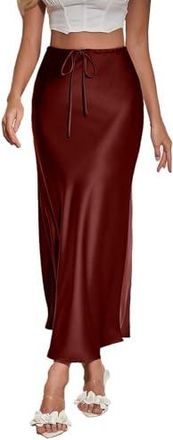 Generic Jupes en satin pour femme pour l&eacute;t&eacute; - Couleur unie - Tendance - Cordon de serrage - Taille haute - Coupe trap&egrave;ze - Jupe longue fluide - Taille &eacute;lastiq