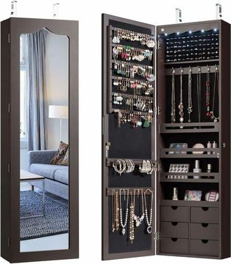 Costway Armoire à Bijoux Murale led Miroir,6 Tiroirs Hauteur du Crochet Ajustable 120x36,5x11,5CM en Bois, Marron - Costway