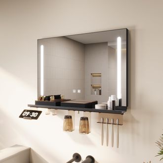 Sonni LED Badspiegel 70x50cm mit 70cm Ablage, Touch Spiegel 3 Lichtfarben, Anti-Beschlag & Ged&auml;chtnisfunktion, Ablage mit Handyhalter + Haken + Zahnb&uuml;rstenh