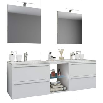 VCM 3-TLG. Set | 2 Waschtisch, 2 Spiegel, 2 Waschbecken, 1 Mittelfach | Keramik Waschbecken, Mittelfach aus Melamin und Glas | Doppel Waschplatz - Badinos