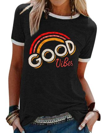 Dresswel Damen Good Vibes T-Shirt Regenbogen Muster Shirt Rundhals Kurzarm/Langarmshirt Oberteile Hemd Tops Bluse(1-Black,XXL)