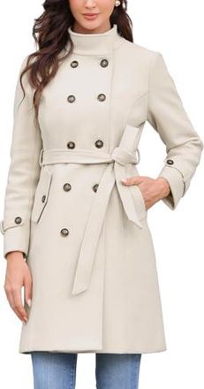 Allegra K Trench-Coat Crois&eacute; Femme Double Boutonnage Col Montant Caban &Eacute;l&eacute;gant Ceintur&eacute; avec Poches Manteau DHiver &agrave; Manches Longues Beige XS