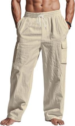 Generic Pantalon de sport en lin pour homme - Pantalon de jogging avec poches multiples - Pantalon en lin avec taille &eacute;lastique - Pantalon de surv&ecirc;tement - Pa
