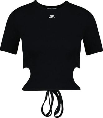 Courr&egrave;ges Femme, Tops, Noir, Taille: 40 FR Ribbon Cut Out Contrast T-Shirt