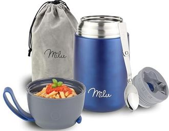 Milu Boîtes Alimentaires Isothermes 450ml I 650ml I 800ml, Boîte Isotherme Repas Chaud Porte-Aliments en Acier Inoxydable à Double Couche, Cuillère Pliante