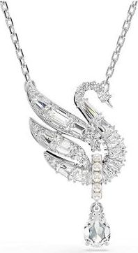 Swarovski Pendentif Swan, collier au pendentif cygne orné de cristaux Zirconia incolores et de perles de cristal, élégance fluide et lumineuse, métal rhodié
