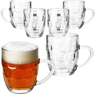 MamboCat 6er Set Dijon Bierkrug I 200ml, H&ouml;he 9,3cm I f&uuml;r 6 Personen I Bierhumpen aus Glas mit Schild, Relief & Henkel I Biergl&auml;ser 0,2L I Bierseidel f&uuml;r Party