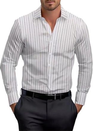 Generic Chemise ray&eacute;e pour homme &agrave; manches longues boutonn&eacute;e d&eacute;contract&eacute;e col revers personnalis&eacute; coupe ajust&eacute;e confortable chemise respirante v&ecirc;tements de sp