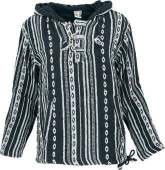 Guru Shop Goa Kapuzenshirt, Baja Hoodie, Boho Style Kapuzenpullover - Schwarz/weiß, Herren, Baumwolle, Size:XL