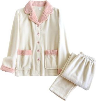 Generic Pyjama Femme Drole Pyjama Femme Manches Longues Winter Pajamas for Women Set Fleece 2 Piece Button Long Sleeve Pocket Tops Casual Pants Outfits Home C