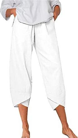 Generic Pantalon L&eacute;ger Femme Fluide Ample Lin Ample Pantalon Femme D&eacute;contract&eacute; &Eacute;t&eacute; &Eacute;lastique Taille Haute en Lin Jambe Droite Jambe Large Court Vetement Large