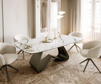 DELIFE Esstisch Edge Boot 200x100 Keramik Calacatta Luxe Wei&szlig;-Gold-Grau W-Gestell Metall Effektfinish Titan, Esstische