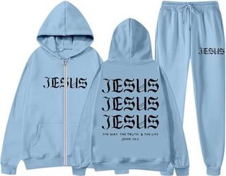 Generico Ensemble de surv&ecirc;tement 2 pi&egrave;ces pour femme avec sweat &agrave; capuche et pantalon de sport pour voyage, v&ecirc;tement confortable avec fermeture &eacute;clair, bleu ci