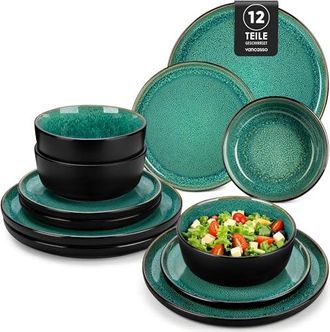 VANCASSO Playa Green Service de table 12 pi&egrave;ces en c&eacute;ramique &eacute;maill&eacute;e r&eacute;active pour 4 personnes, passe au micro-ondes et au lave-vaisselle