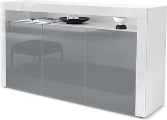Vladon Sideboard Valencia, Made in Germany, Kommode mit 3 Türen und 1 offenem Fach, Weiß matt/Grau Hochglanz/Weiß Hochglanz (155 x 92 x 40 cm)