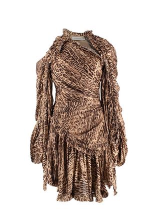 Zimmermann Brown Leopard Print Ruffle Mini Silk Dress Size S