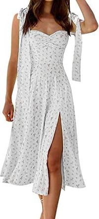Generic Robe Femme Col Rond - Femmes &Eacute;t&eacute; Fronde Doux Floral sans Manches Taille Haute Sexy Robe Fendue Long Dresser