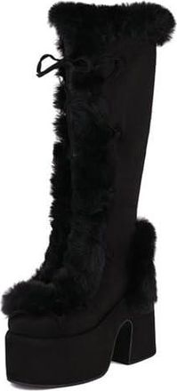 Generic Eestfy Bottes Hautes R&eacute;tro Plateforme Daim Fausse Fourrure Talon Large Zip Lat&eacute;ral Style Hiver pour Froid Tenues De Rue Activit&eacute;s Ext&eacute;rieures,Noir,44 